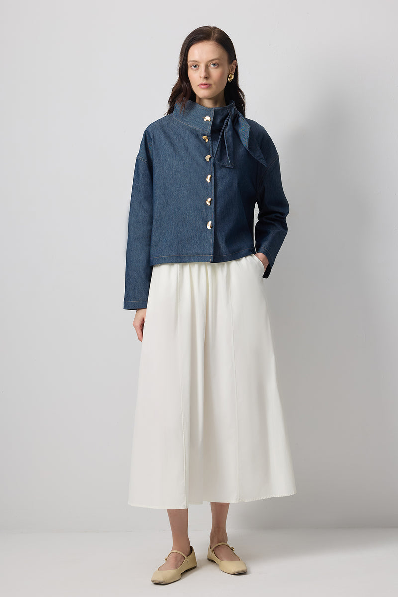 SHORT DENIM JACKET WITH BOW COLLAR – Touche Prive International