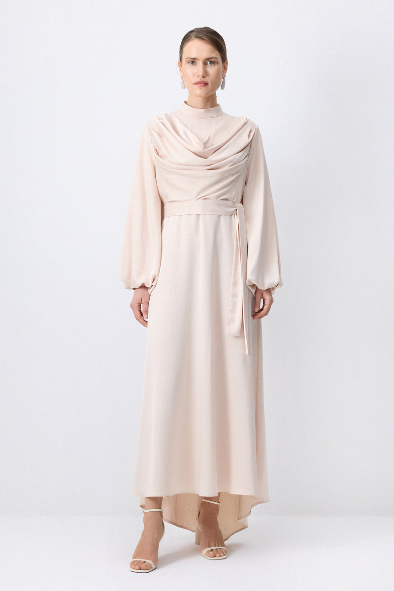 DRAPED STONE-EDGED SATIN DRESS – Touche Prive International