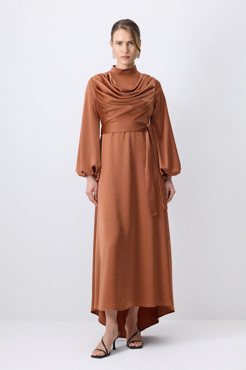DRAPED STONE-EDGED SATIN DRESS – Touche Prive International